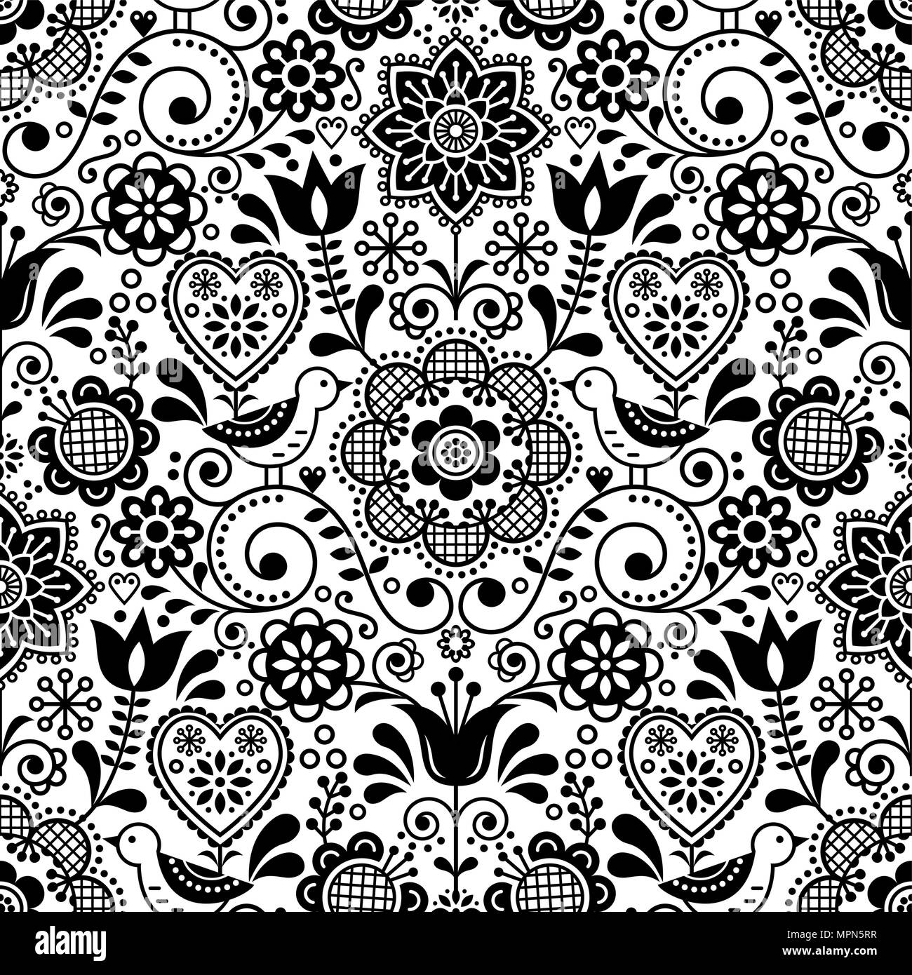 Seamless folk art vector pattern with birds and flowers, Scandinavian ...