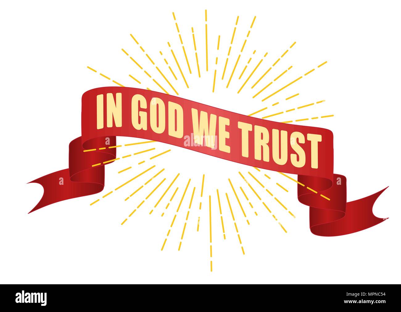 Red ribbon banner with caption In God We Trust on sunburst rays ...