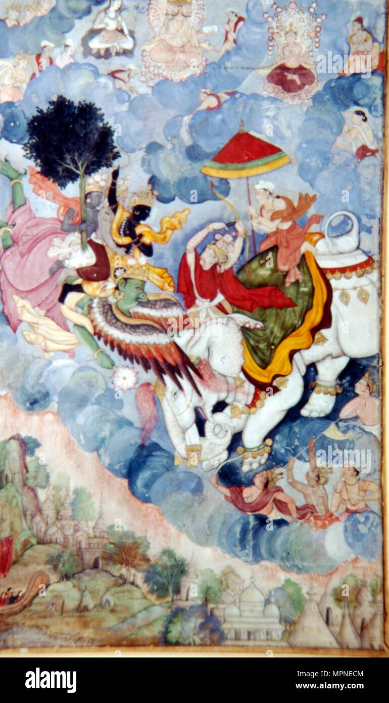 Krishna, riding the Bird-God Garuda, fights the God, Indra (on an ...