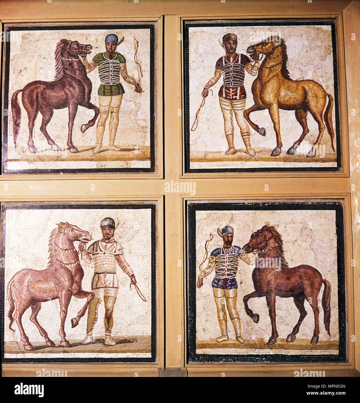 Roman Mosaic, Charioteers wearing Racing Colours of their sponsors, 1st ...