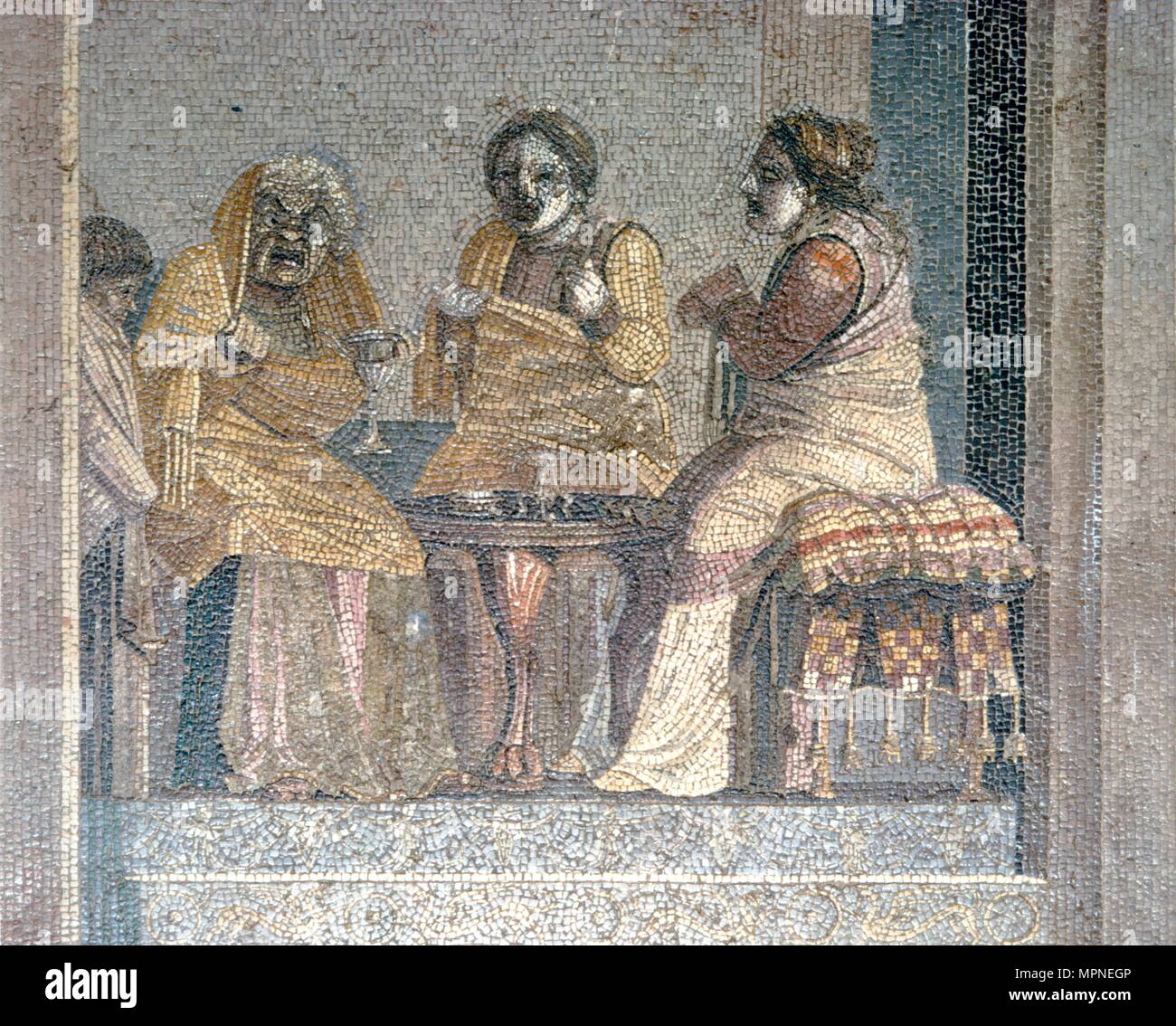 Roman mosaic of Scene from play with masked actors, Villa of Cicero ...