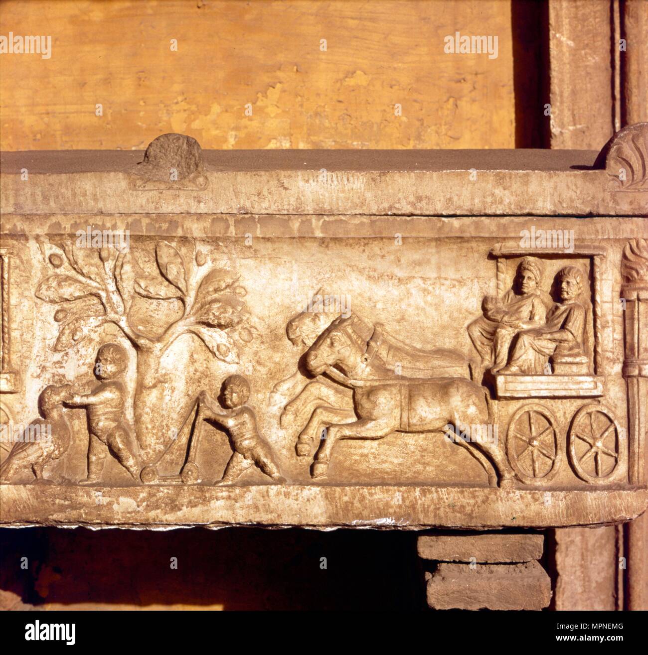 Roman Sarcophagus detail with Horsedrawn carriage and children playing ...