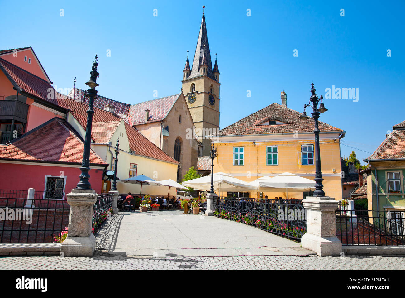 Historical architecture in Sibiu. Old bridge, medieval houses and ...