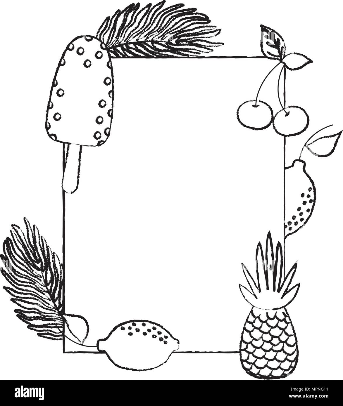 grunge emblem with tropical plants and fruits style vector illustration ...