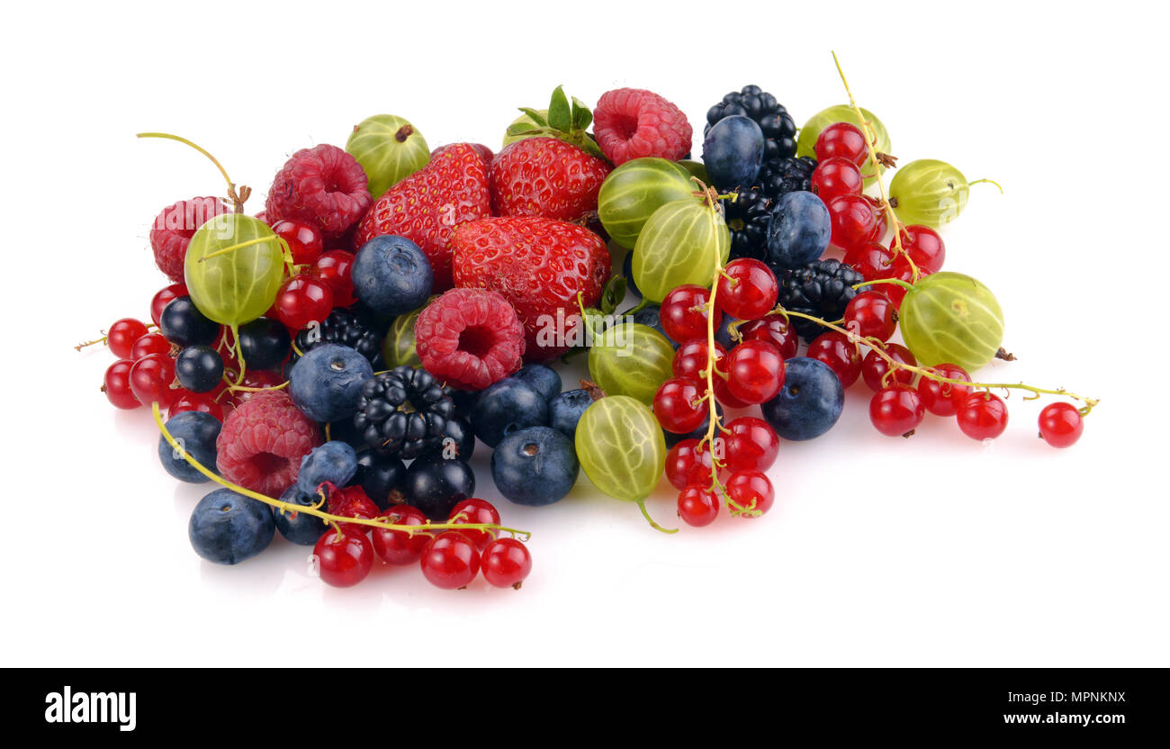 different fresh berries on a white background Stock Photo - Alamy