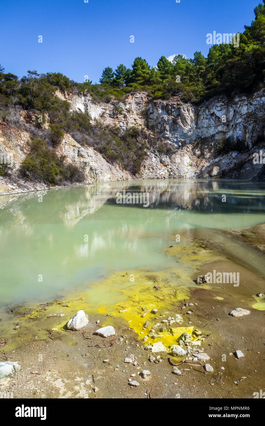 Steaming lake in Waiotapu geothermal area, Rotorua, New Zealand Stock ...