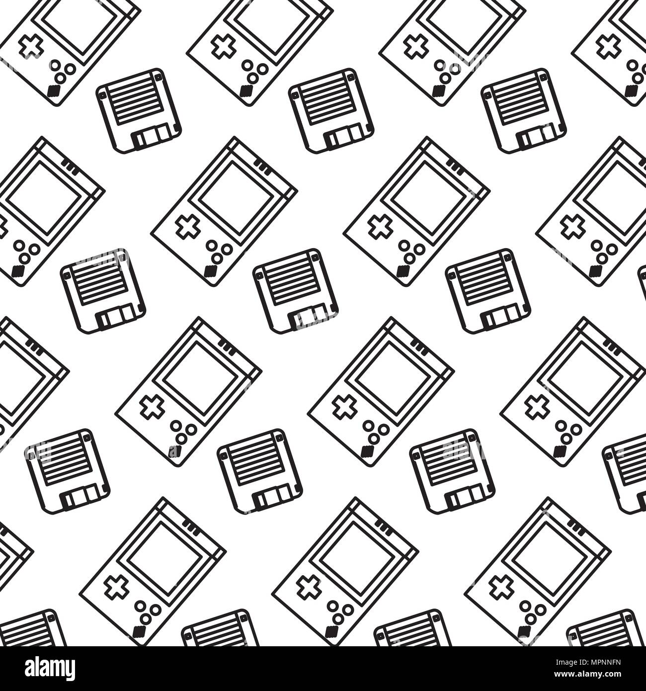 line retro tetris handheld with diskette background vector illustration ...