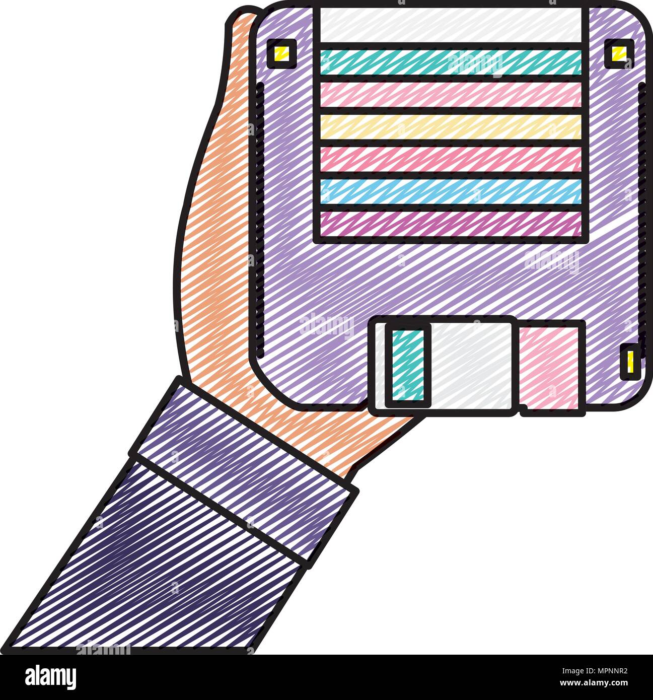 doodle man hand with retro diskette object vector illustation Stock ...
