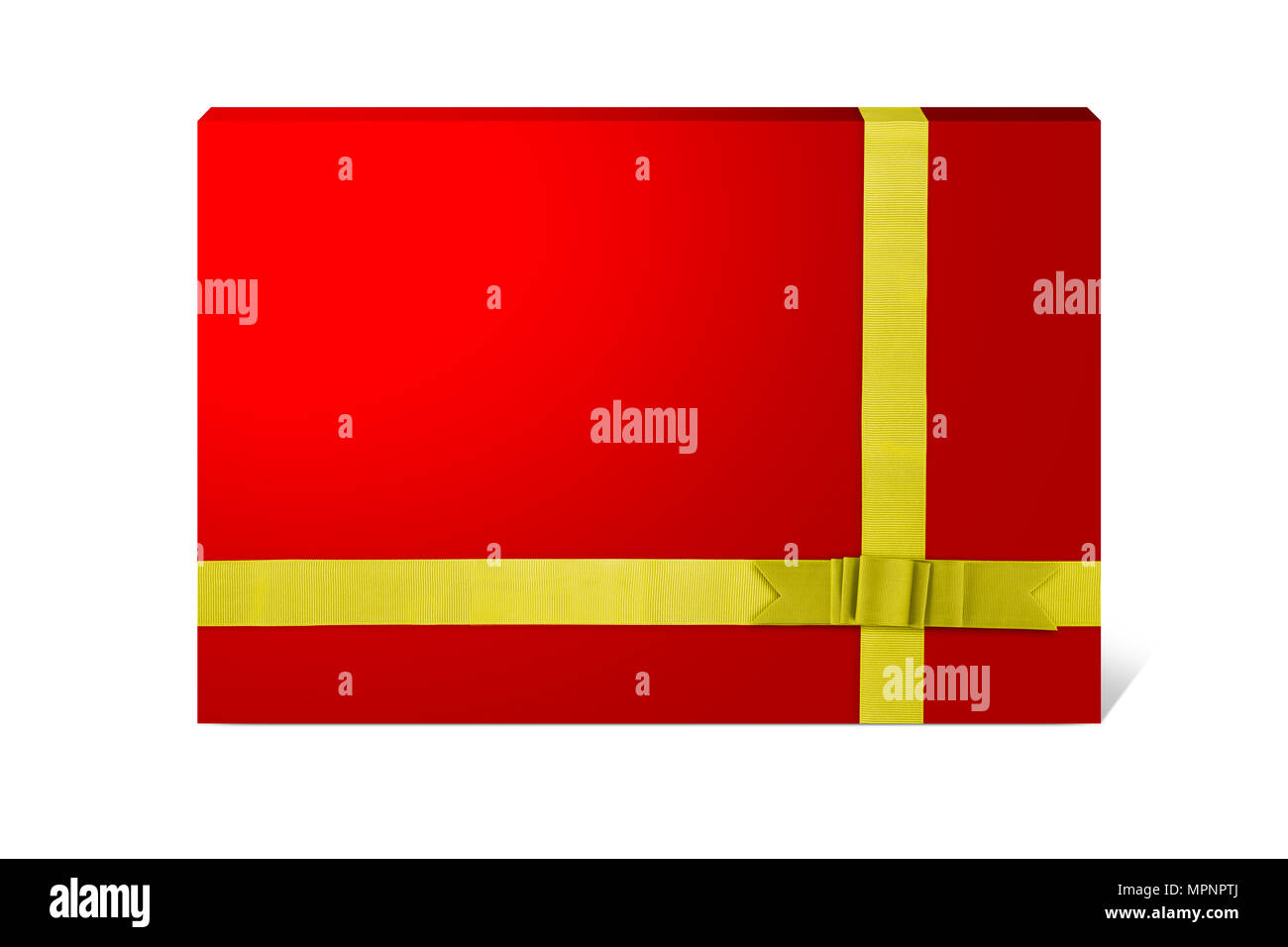 Illustrative rectangular red gift box with golden ribbon, isolated on ...