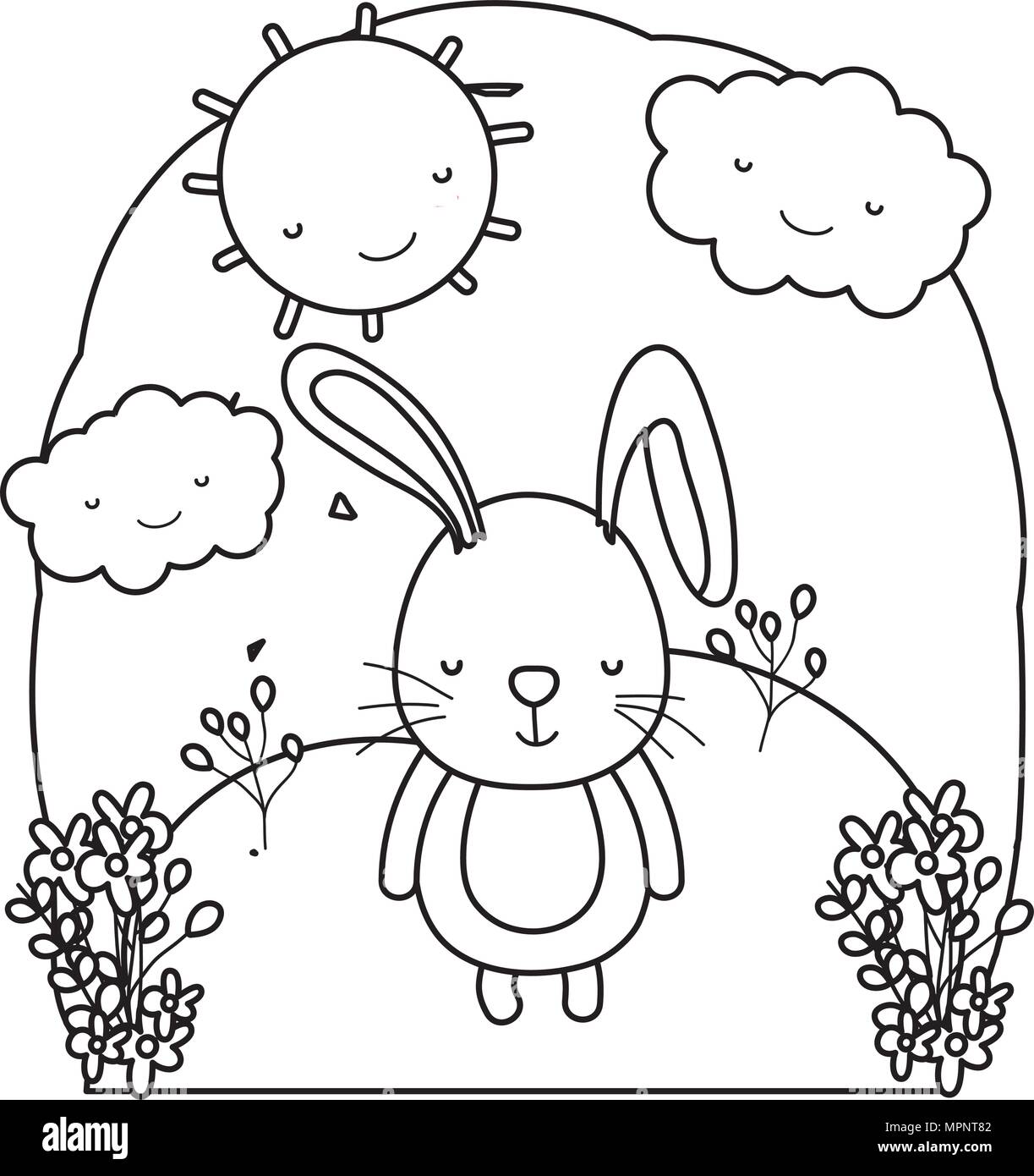 line cute rabbit wild in the landscape with clouds Stock Vector Image ...