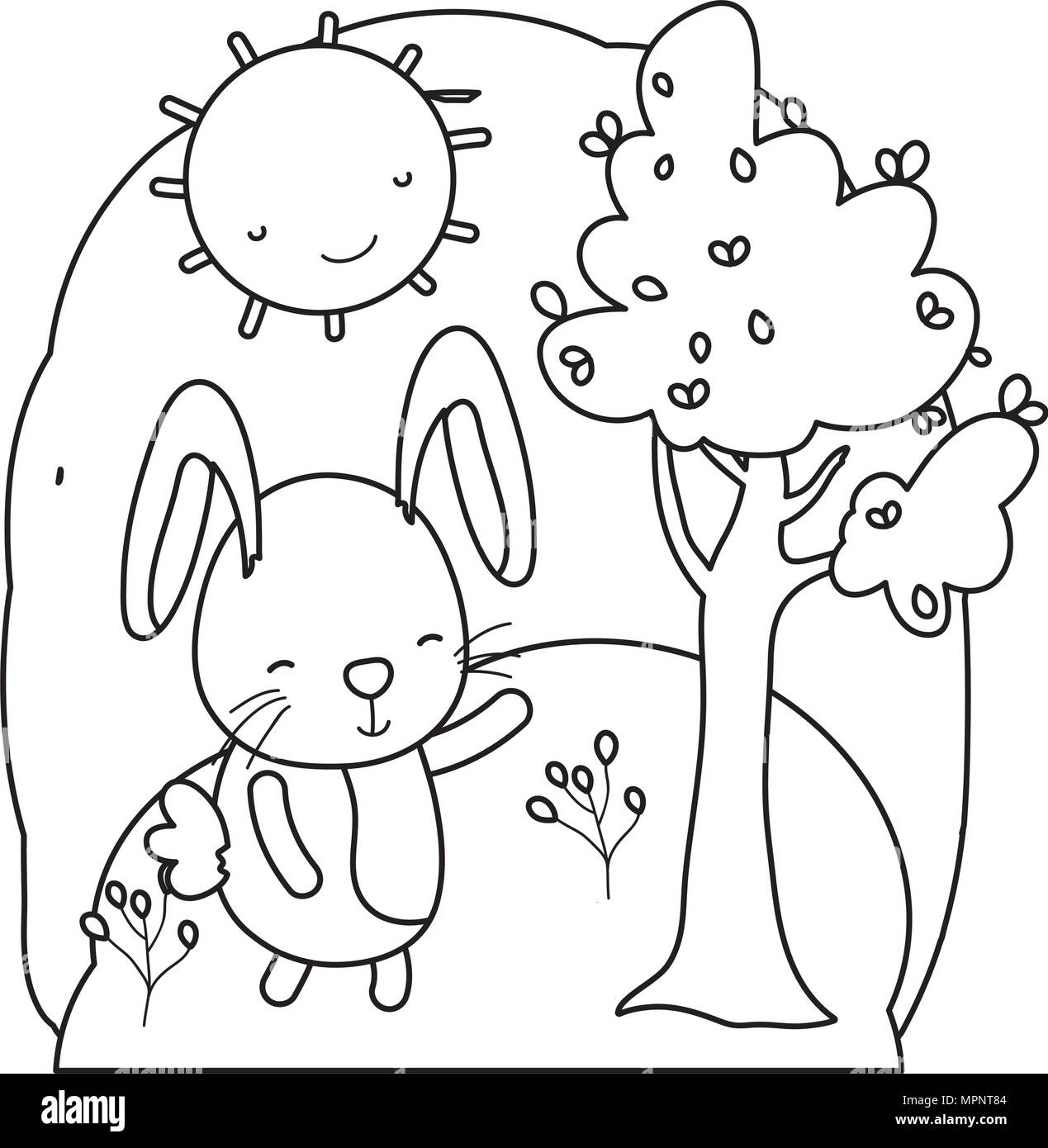 line cute rabbit animal in the landscape with clouds Stock Vector Image ...