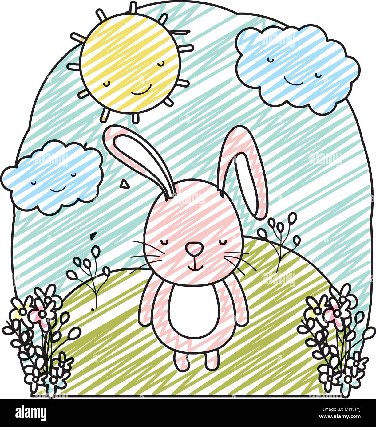 doodle cute rabbit wild in the landscape with clouds Stock Vector Image ...