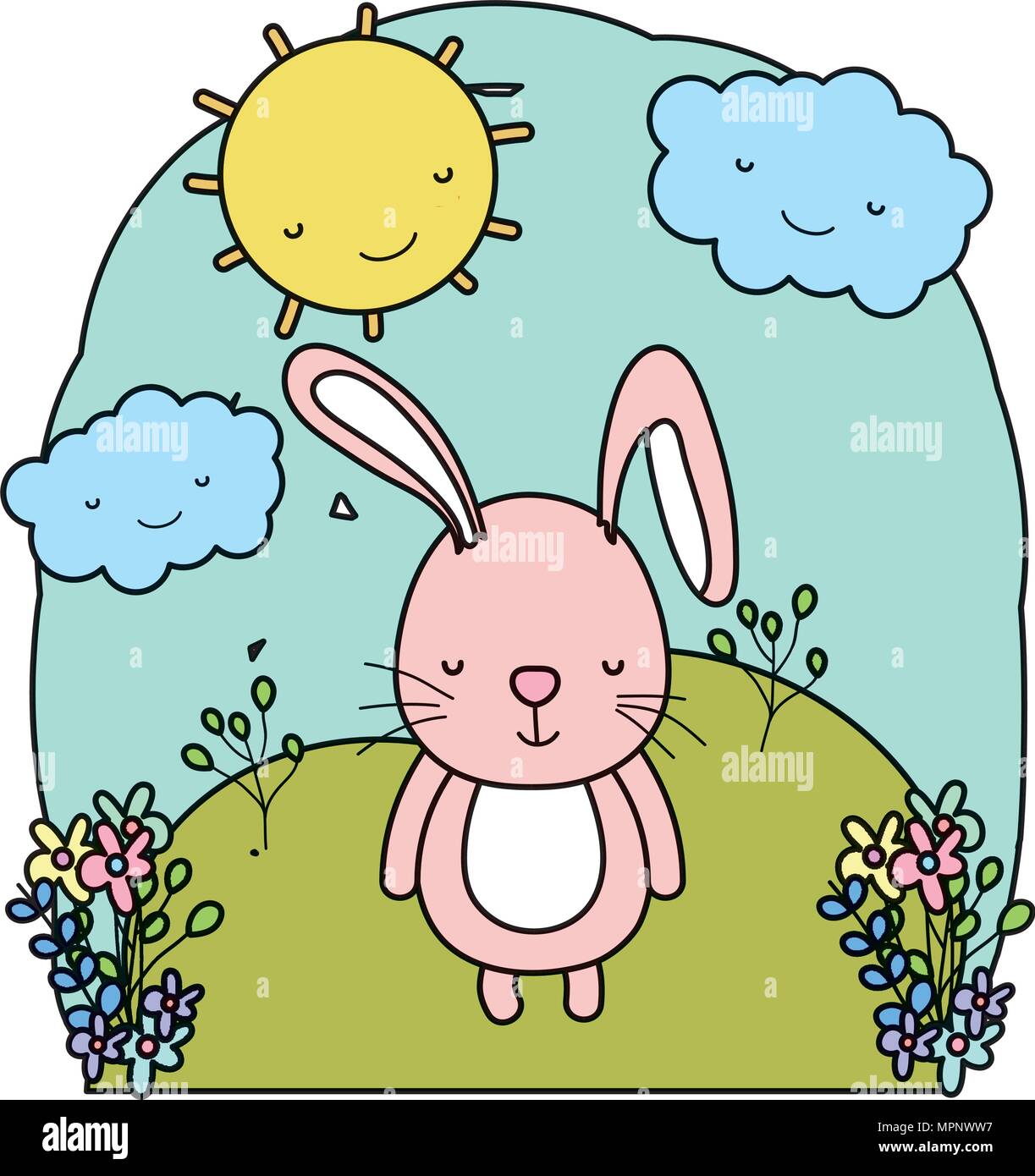 color cute rabbit wild in the landscape with clouds Stock Vector Image ...