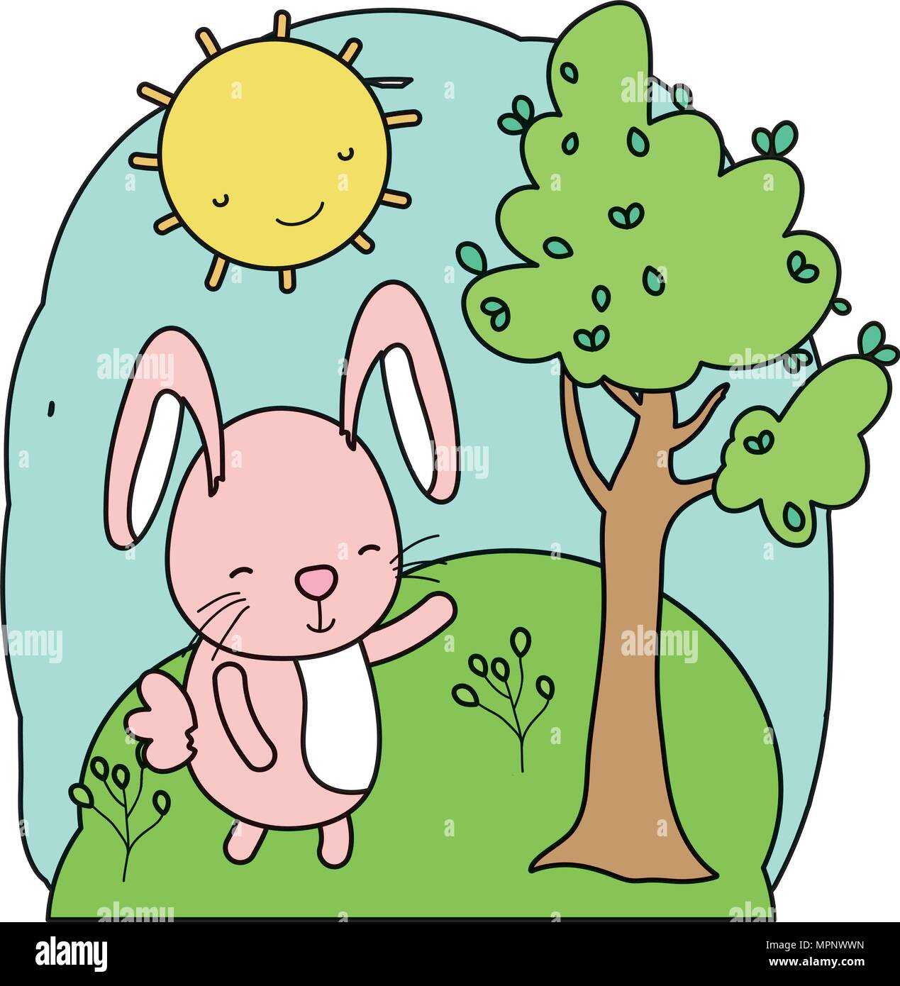 color cute rabbit animal in the landscape with clouds Stock Vector ...