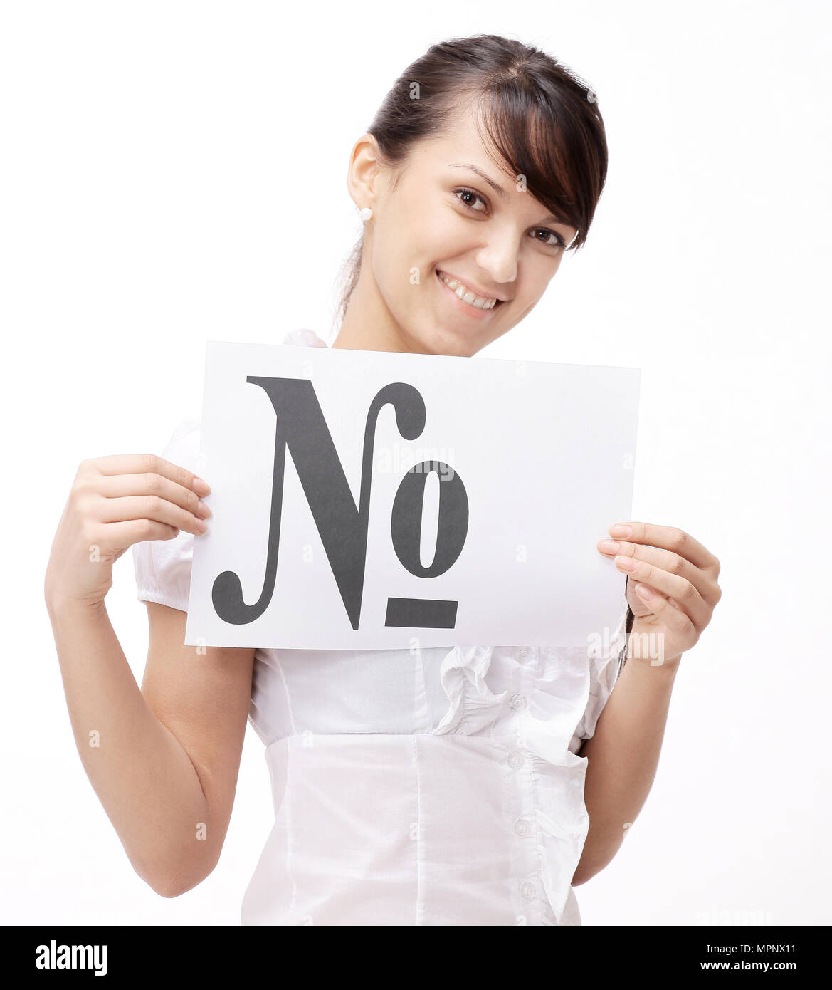 business woman showing poster with the word number Stock Photo - Alamy