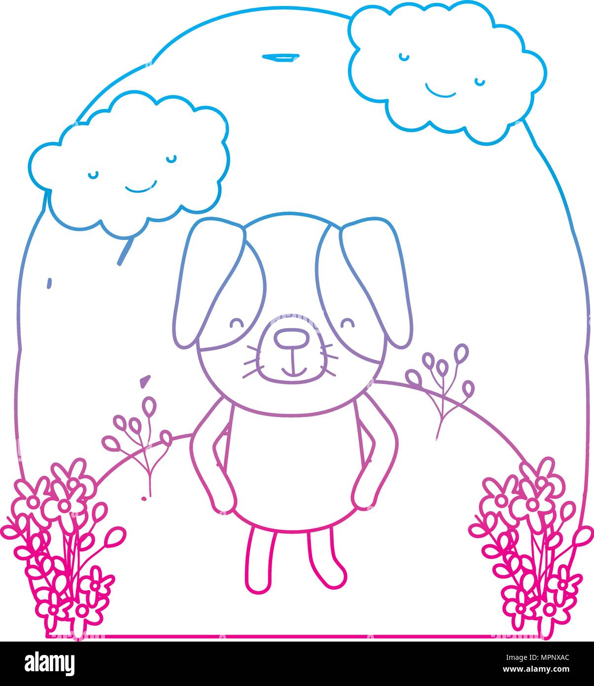 degraded line cute dog pet in the landscape with clouds Stock Vector ...