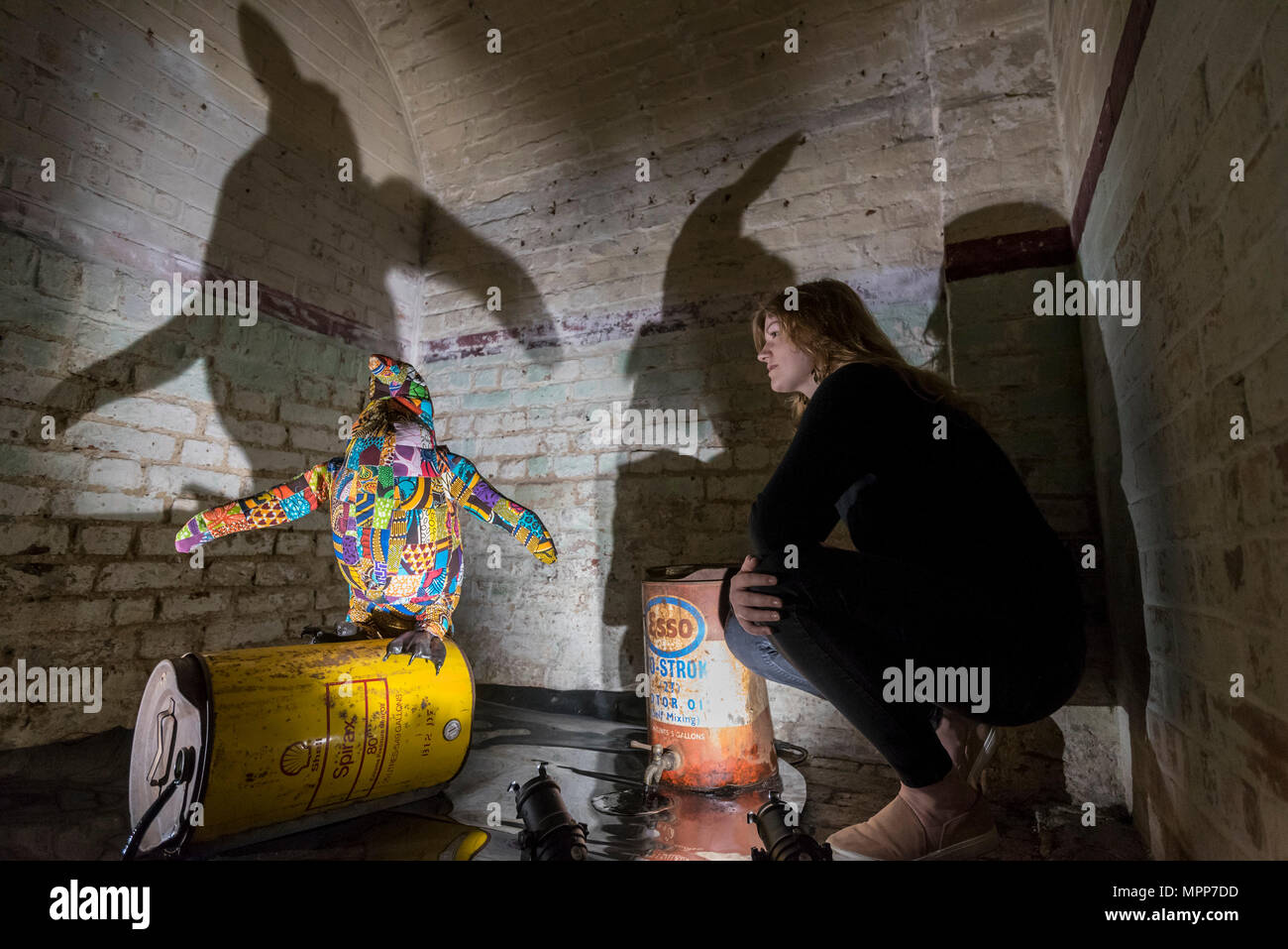 London, UK. 24 May 2018. An assistant views an animatronic southern ...