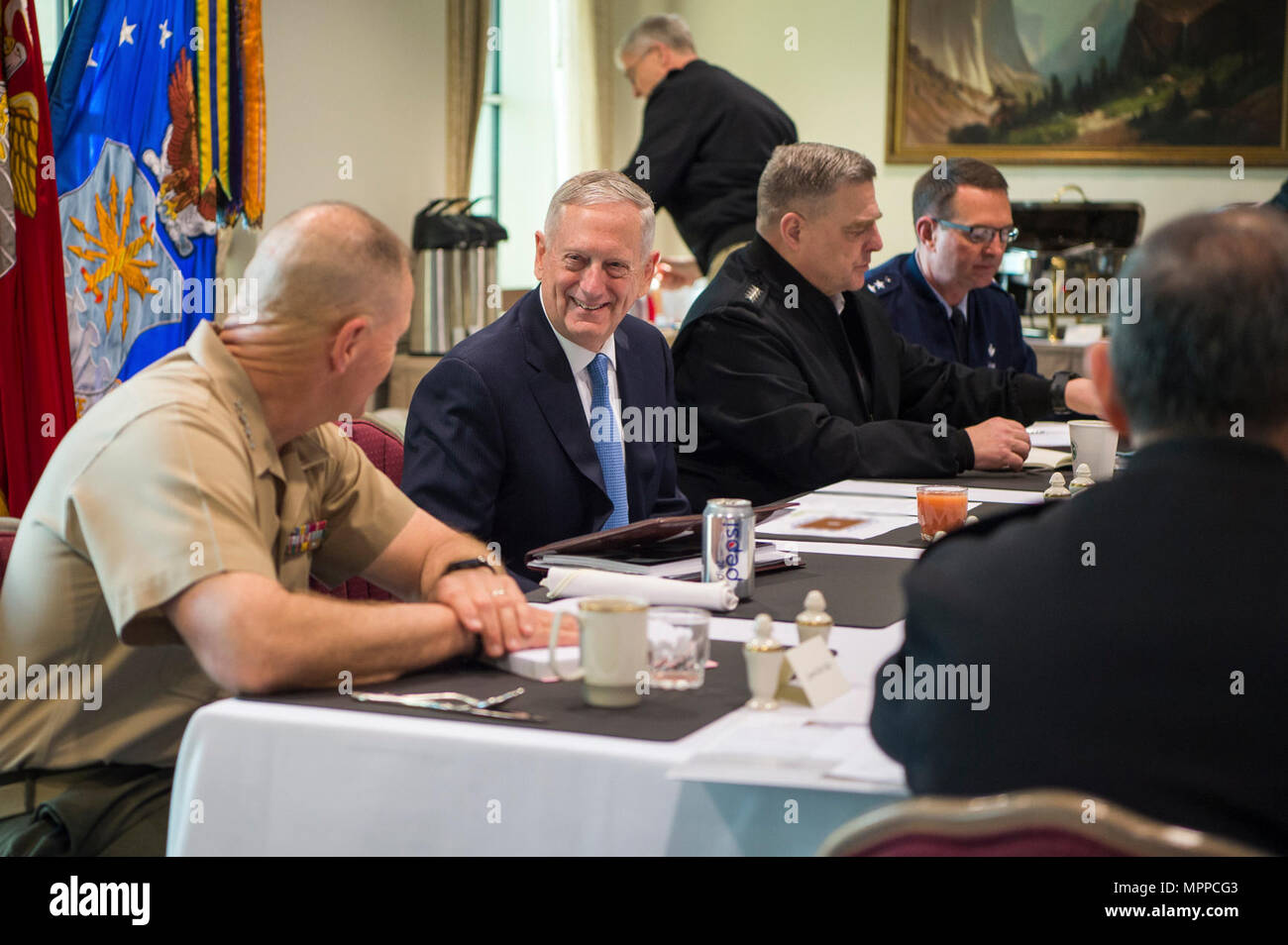 Defense Secretary Jim Mattis speaks with Commandant of the Marine Corps ...