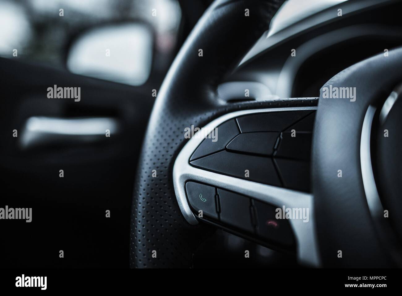 Modern Car Steering Wheel Closeup Photo. Function Buttons on the Wheel ...