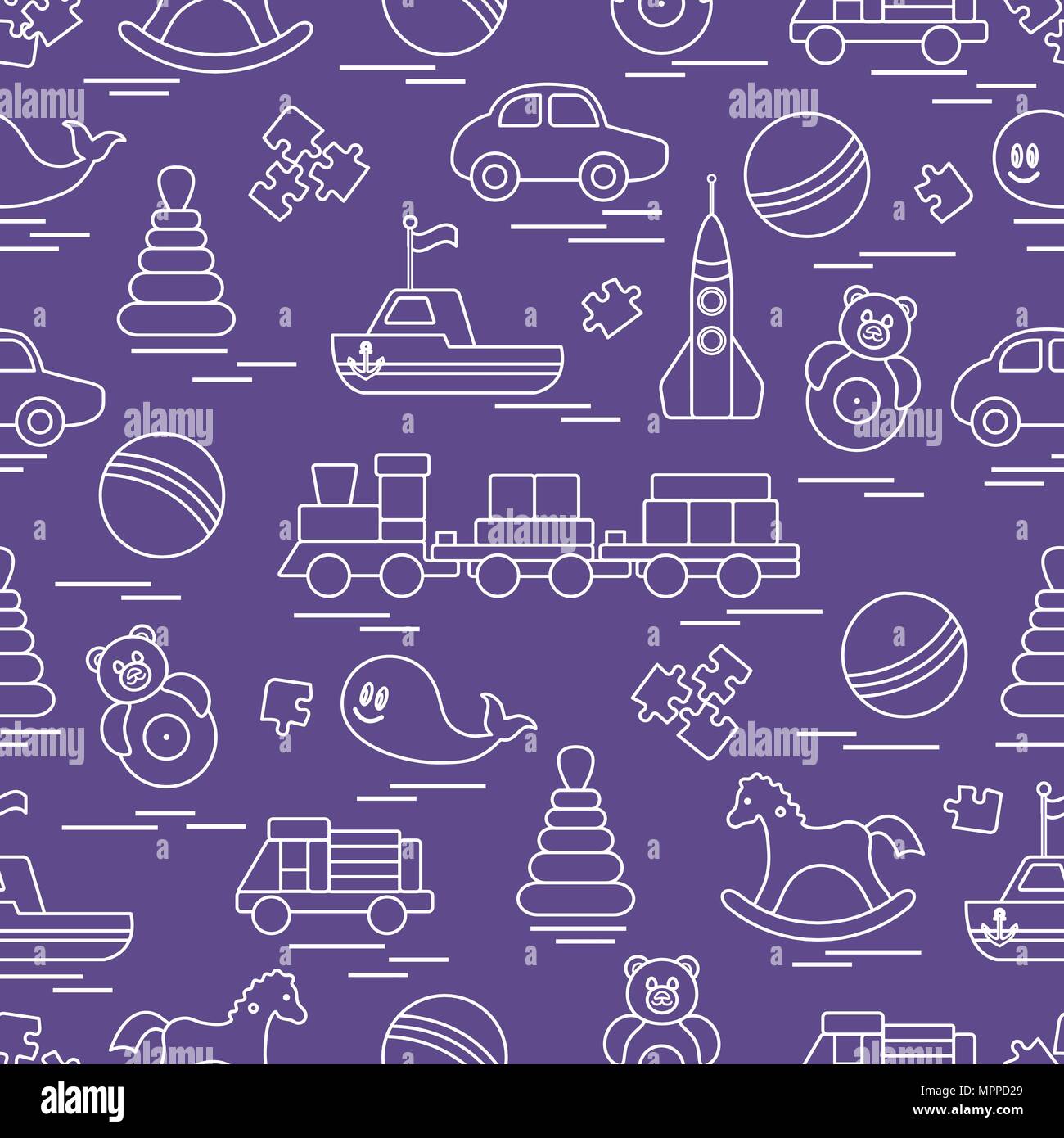 Seamless pattern with kids toys. Train, cars, balls, rocking horse ...