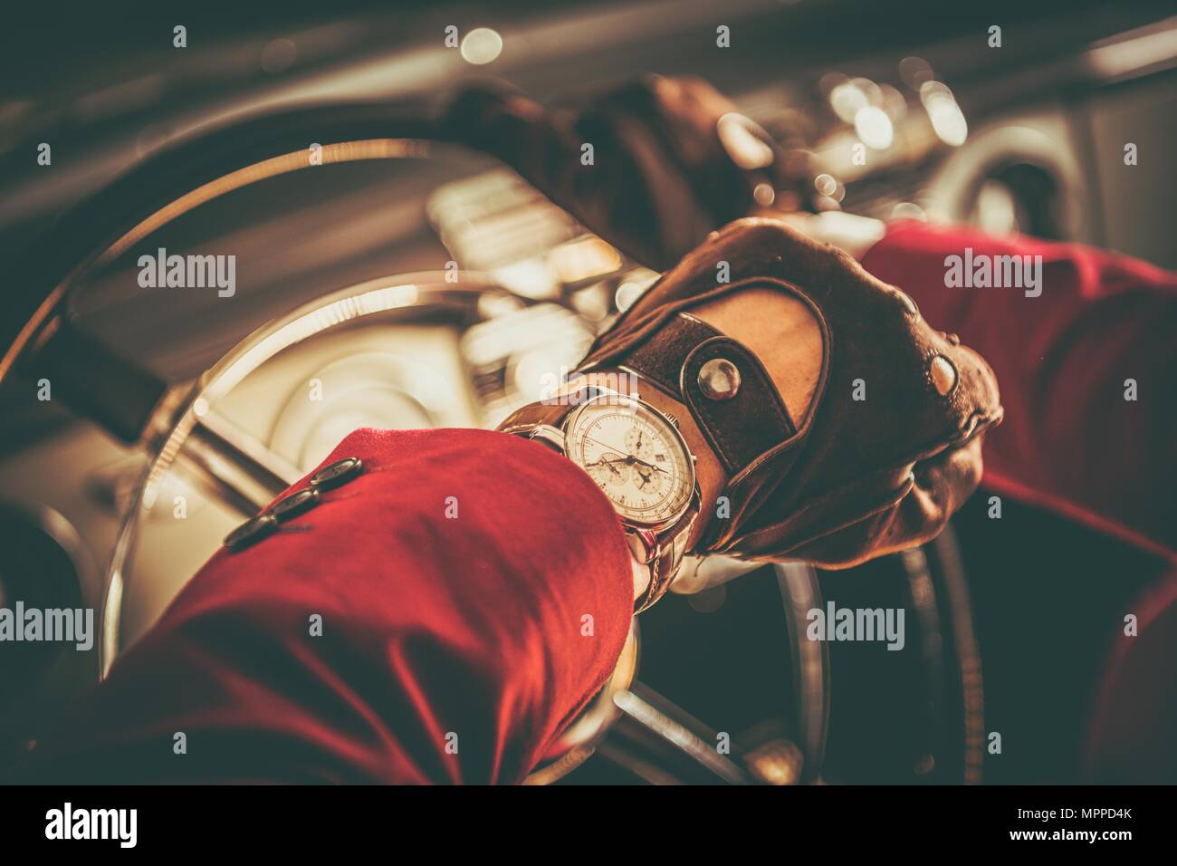 Time Check Retro Style. Elegant Men in the Classic Car Checking Time on ...