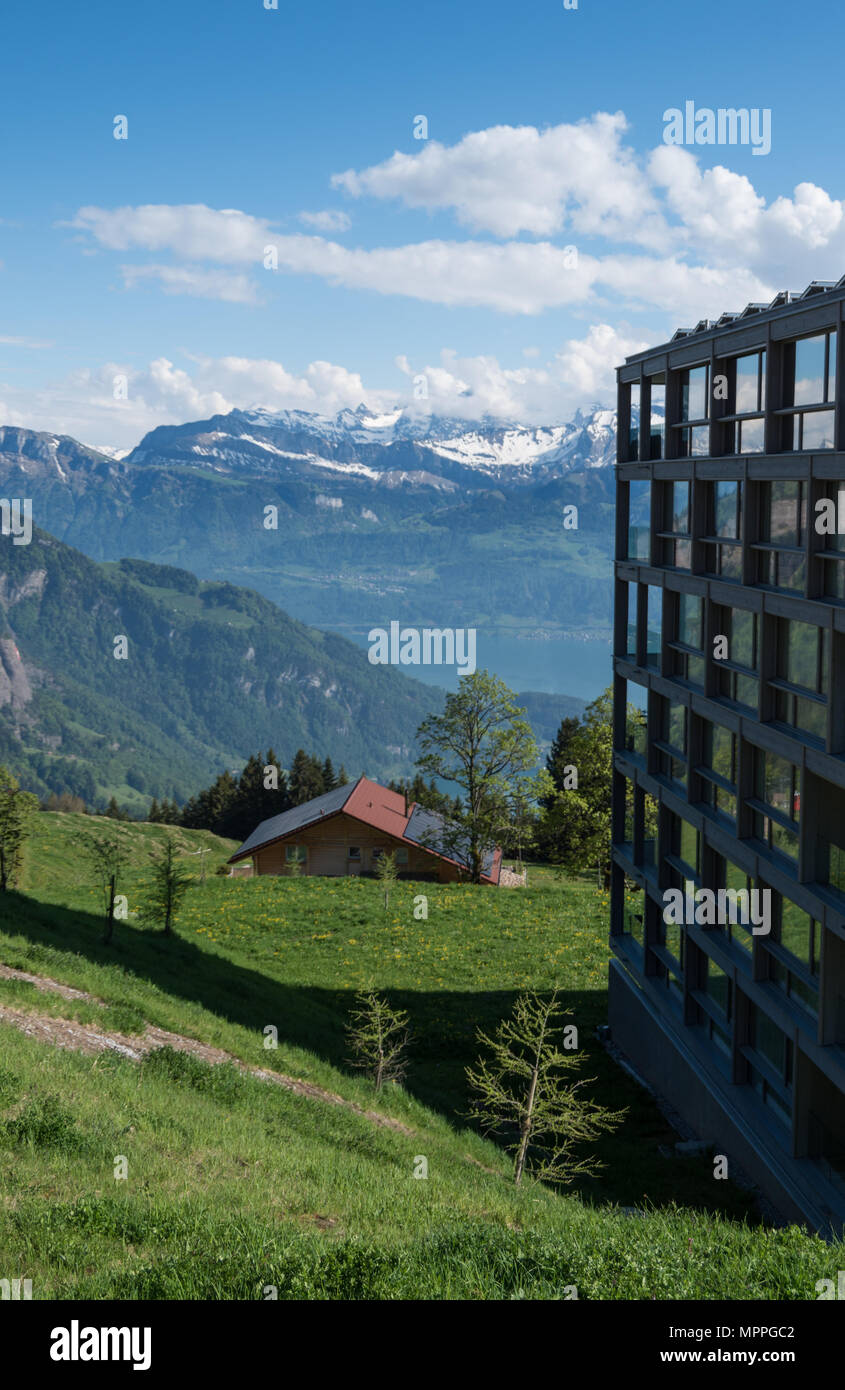 Apartment building on mount rigi under construction reflecting the ...