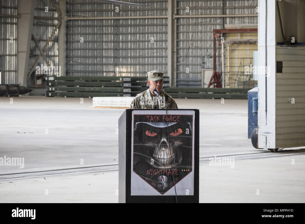 Lt. Col. Robert Bryant, Task Force Warhawk commander, speaks to ...