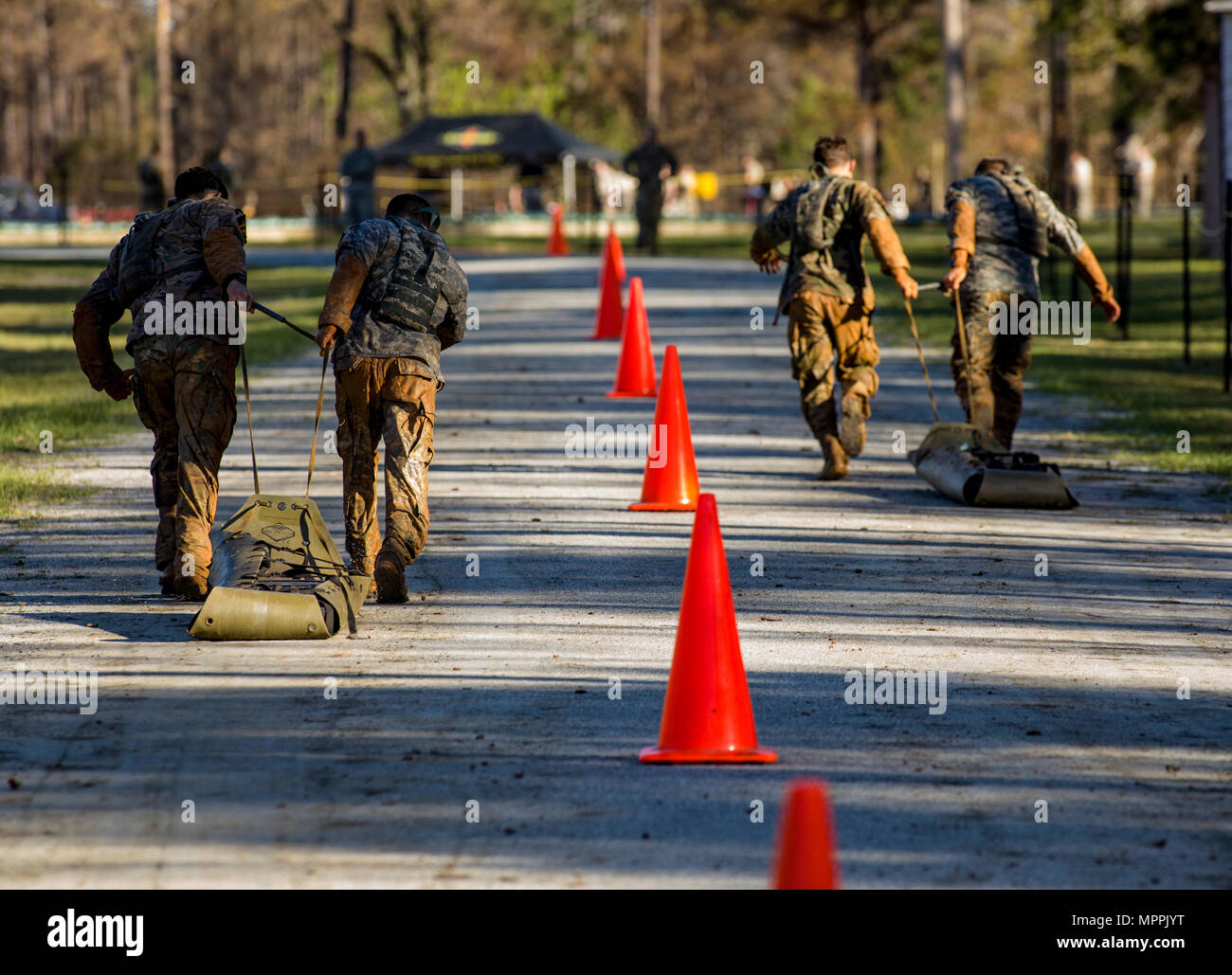 U.S. Army Rangers drag a litter during the Malvesti Obstacle Course at ...