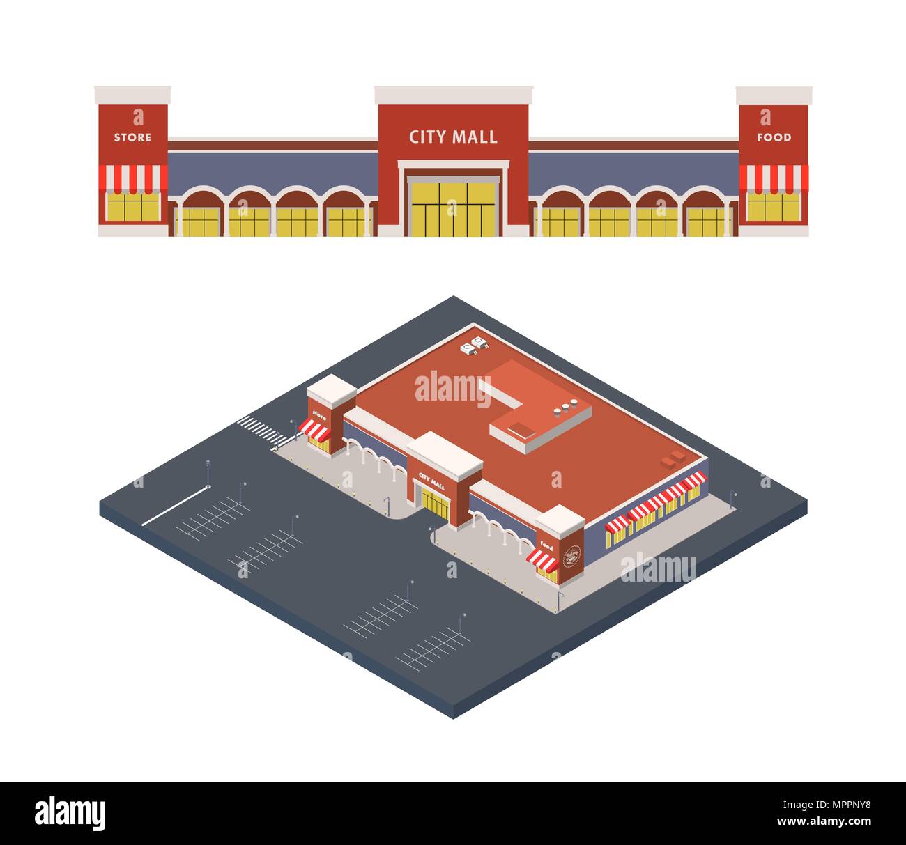 Vector Isometric illustration of shopping centre, city mall with ...