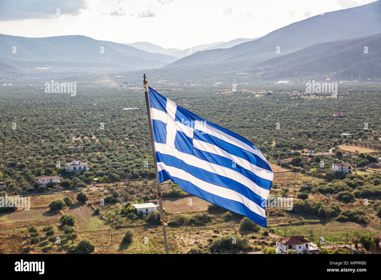 Greece, Peloponnese, Arcadia, Paralia Astros, Flag of Greece, view to ...