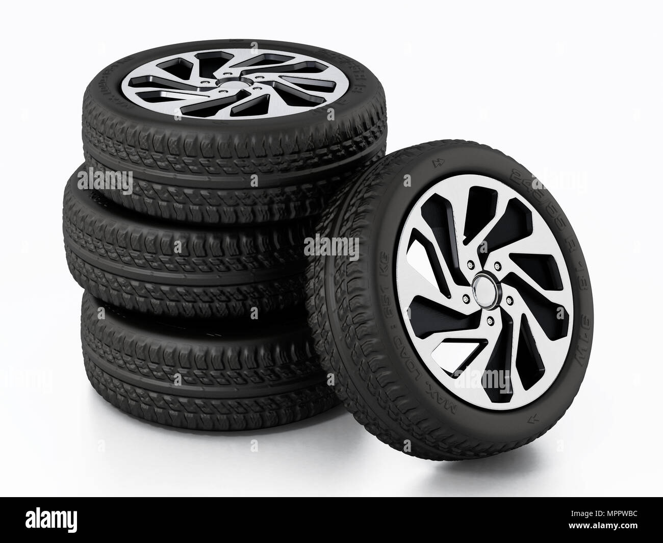 Low profile sport tyre and rims isolated on white background. 3D ...
