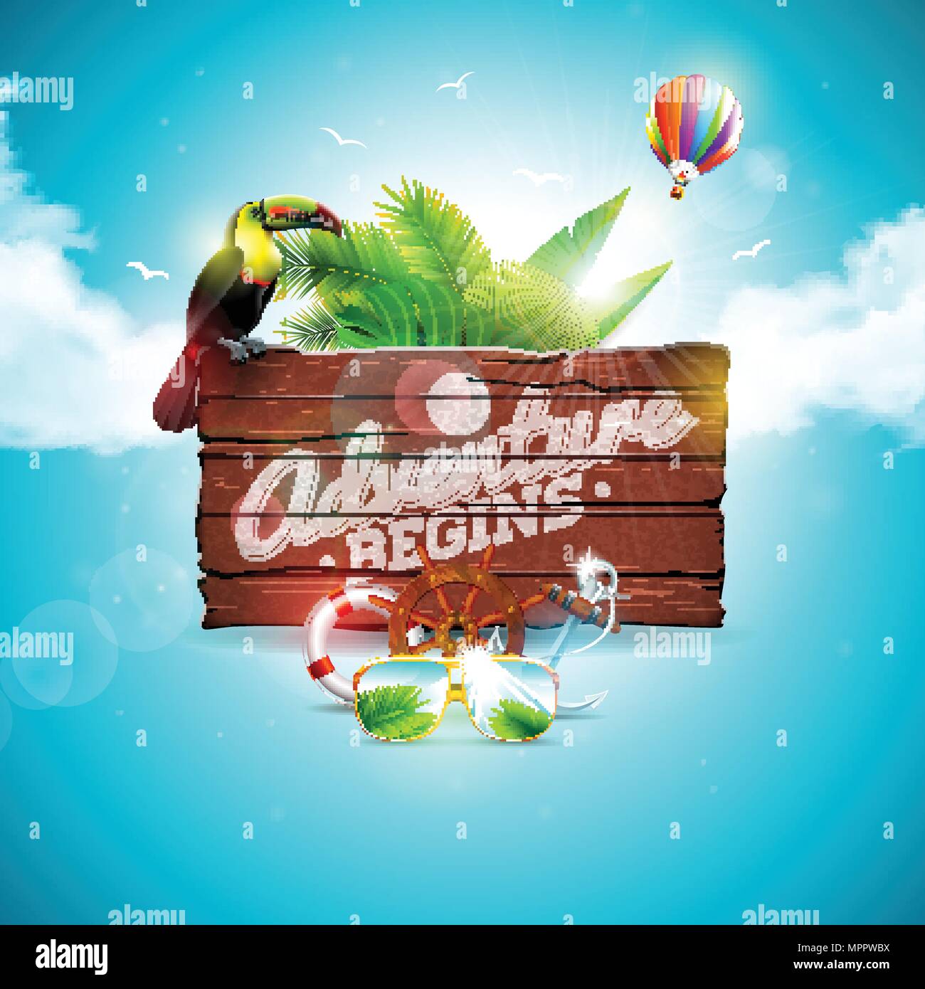 The Adventure begins typographic illustration with toucan bird on ...