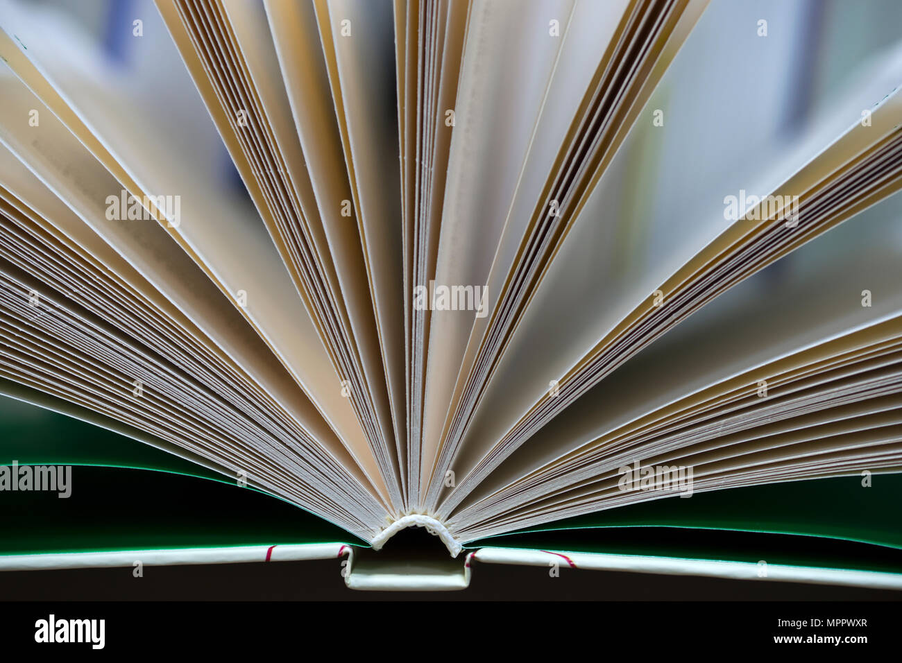 Open book, stack of hardback books on table. Top view Stock Photo - Alamy