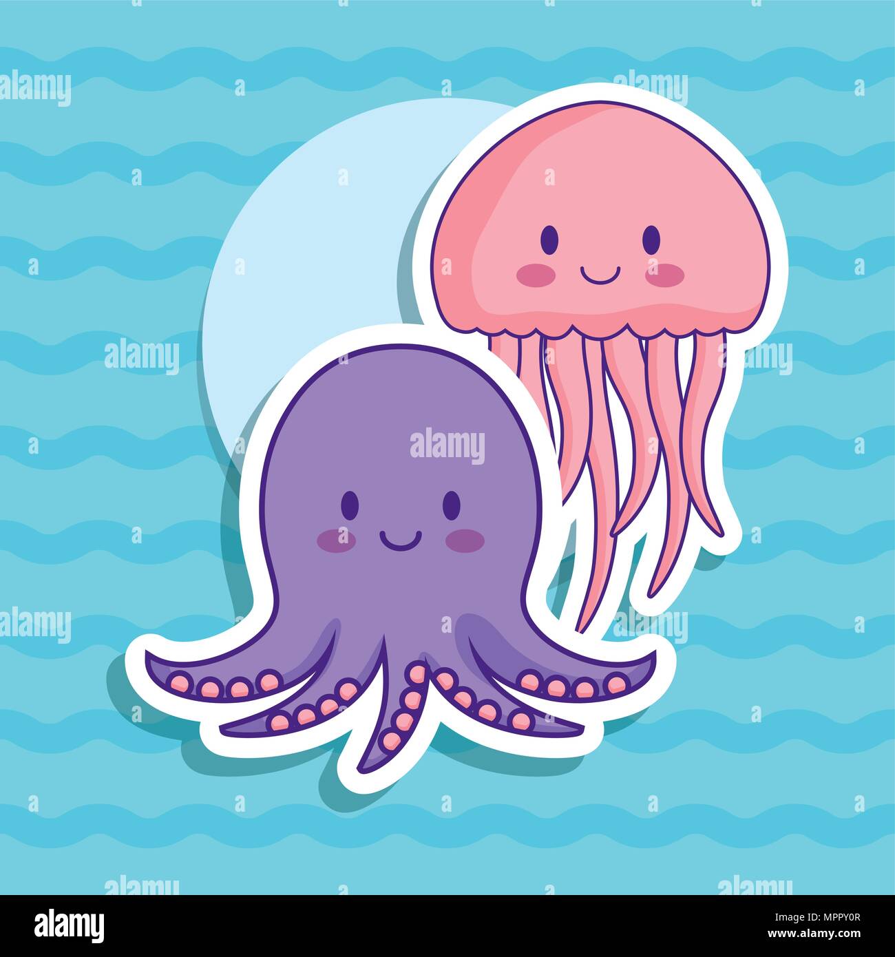 cute octopus and jellyfish over blue background, colorful design ...