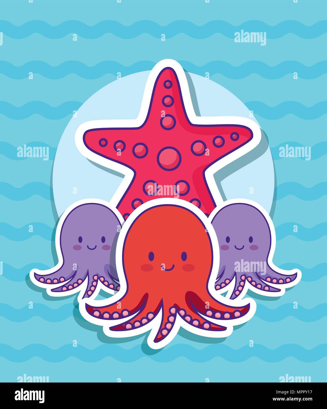 cute octopus and sea star over blue background, colorful design. vector ...