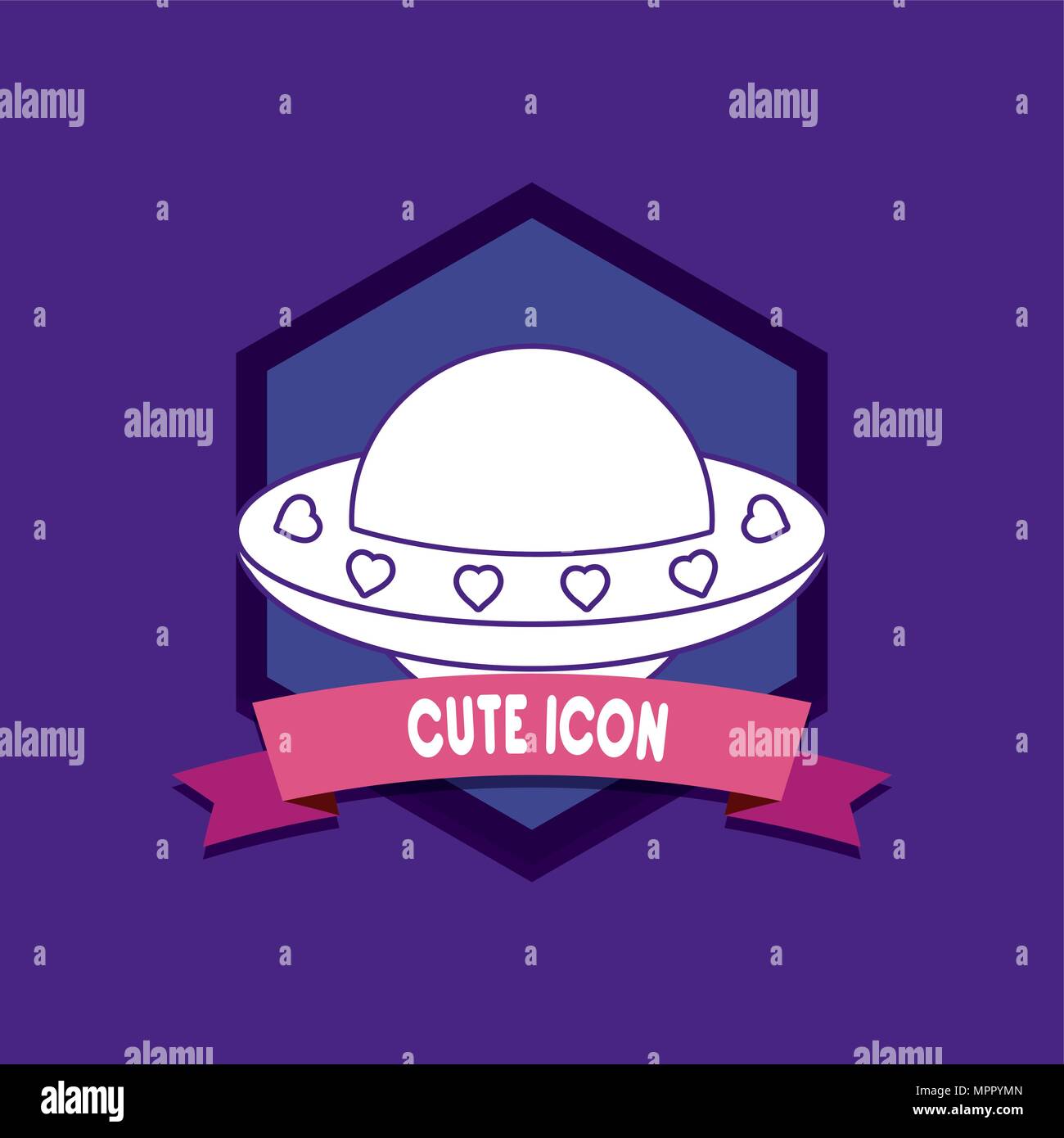 cute icons emblem with decorative ribbon and spaceship icon over purple ...