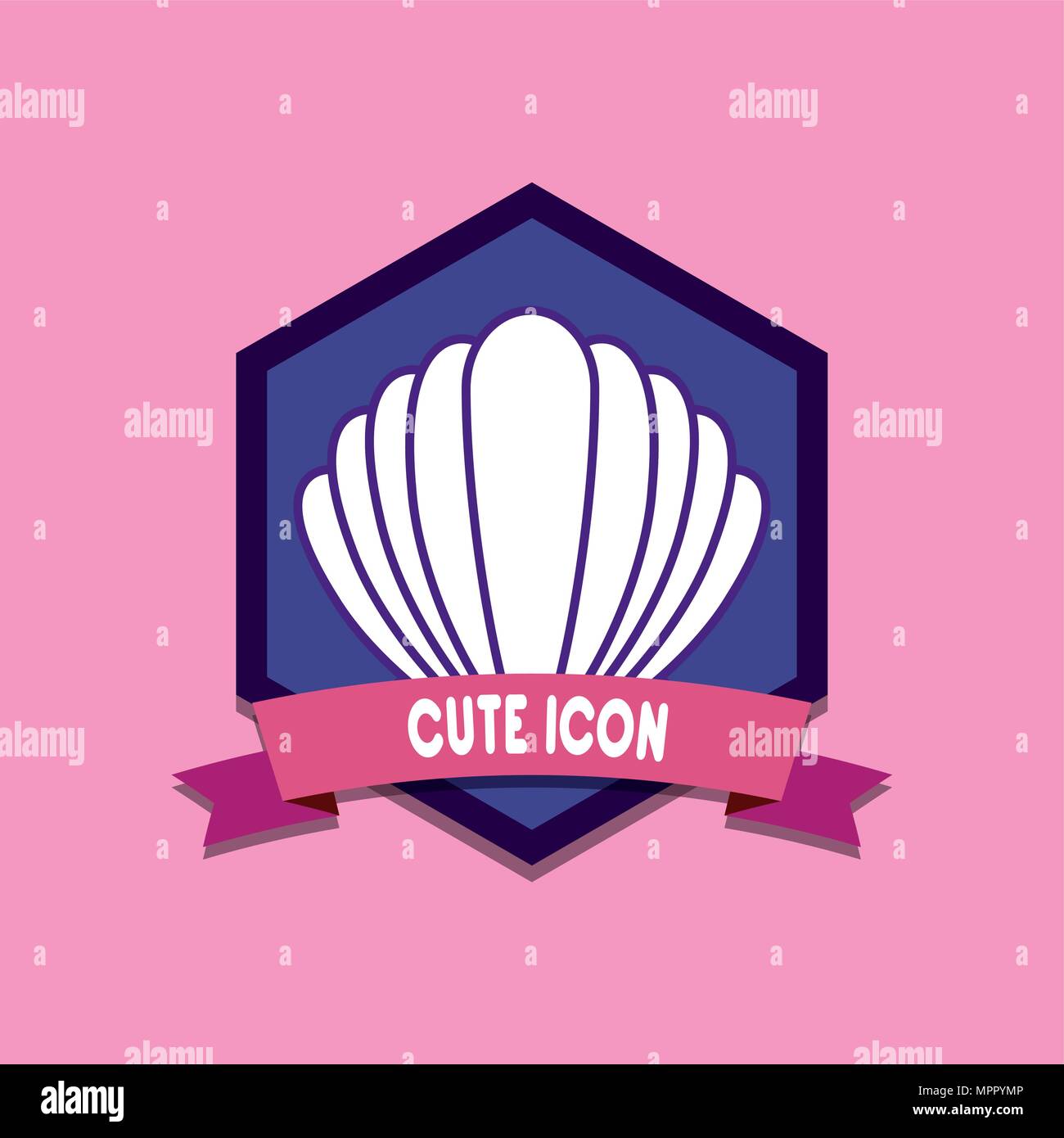 cute icons emblem with decorative ribbon and seashell icon over pink ...