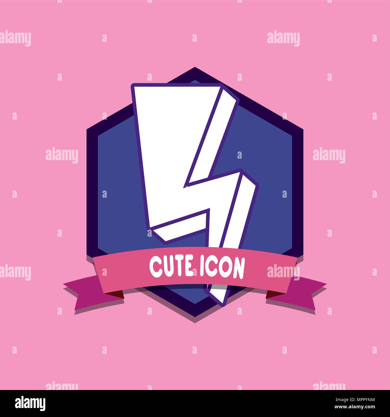 cute icons emblem with decorative ribbon and lightning icon over pink ...