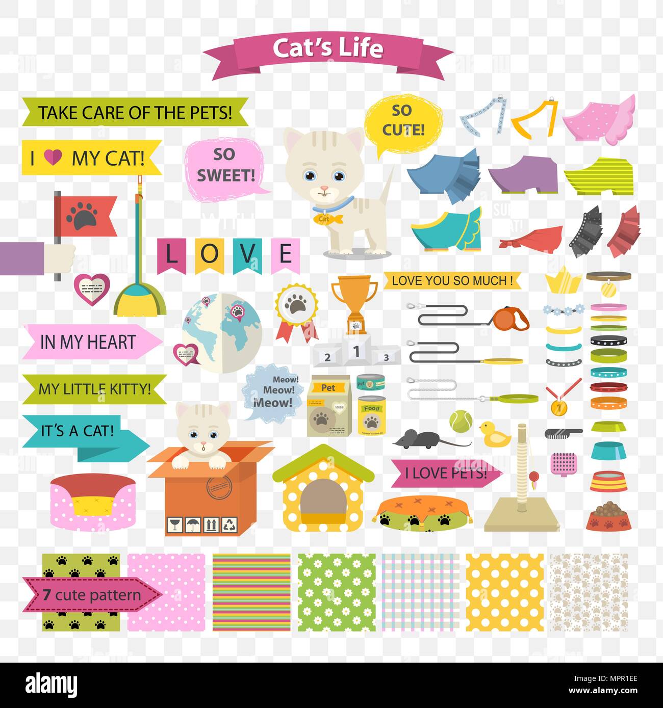Cat and care vector cartoon element illustration and pattern Stock ...