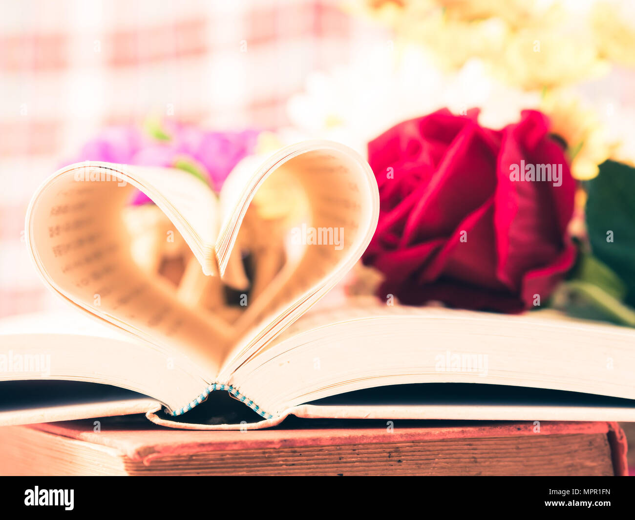 Retro opened book and pages forming heart shape with flower in ...