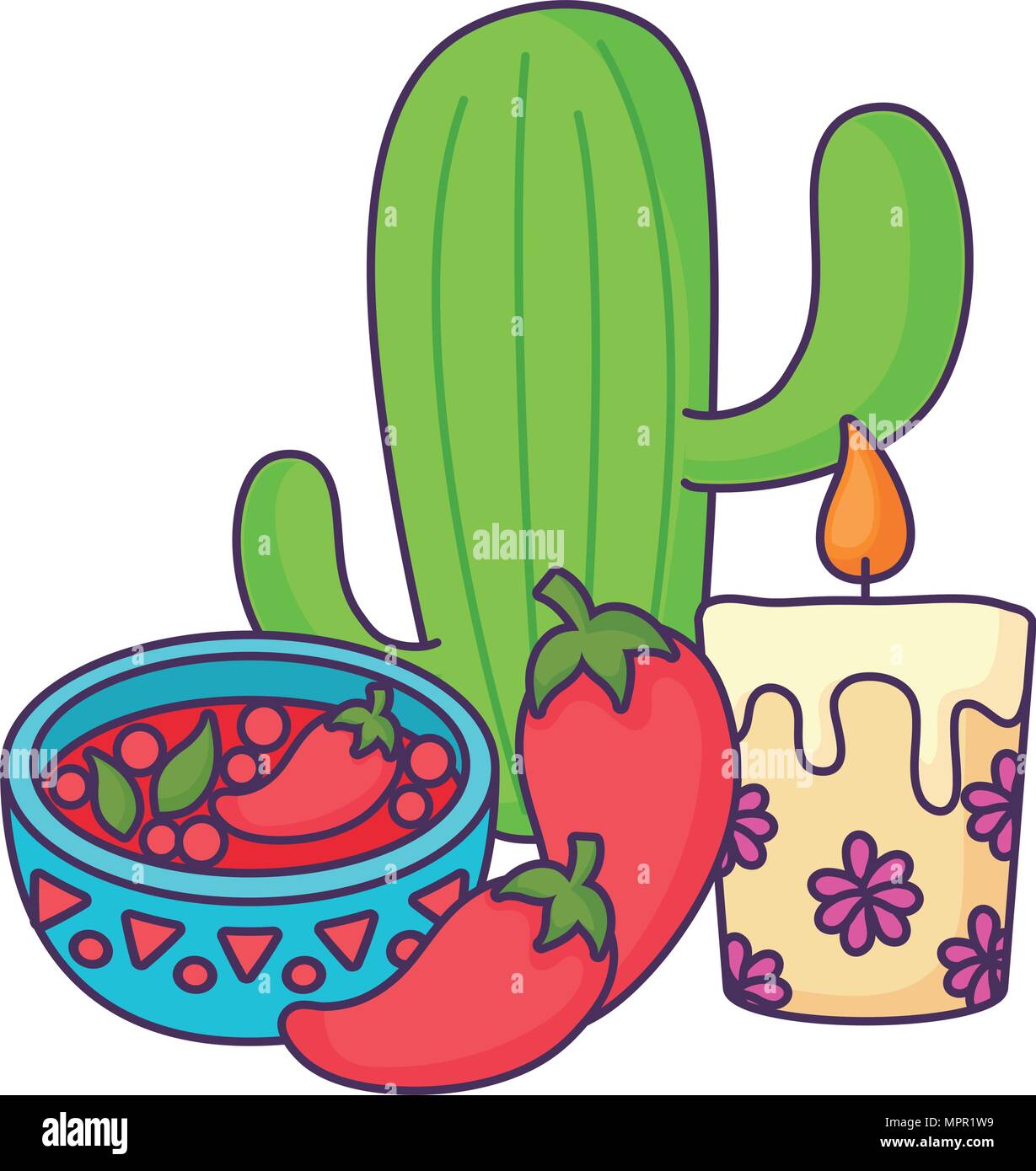 cactus plant with spicy sauce bowl and candle over white background ...