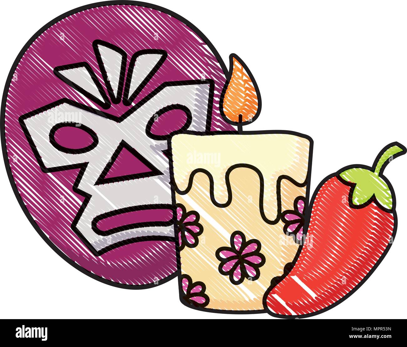wrestler mask with candle and chili pepper over white background ...