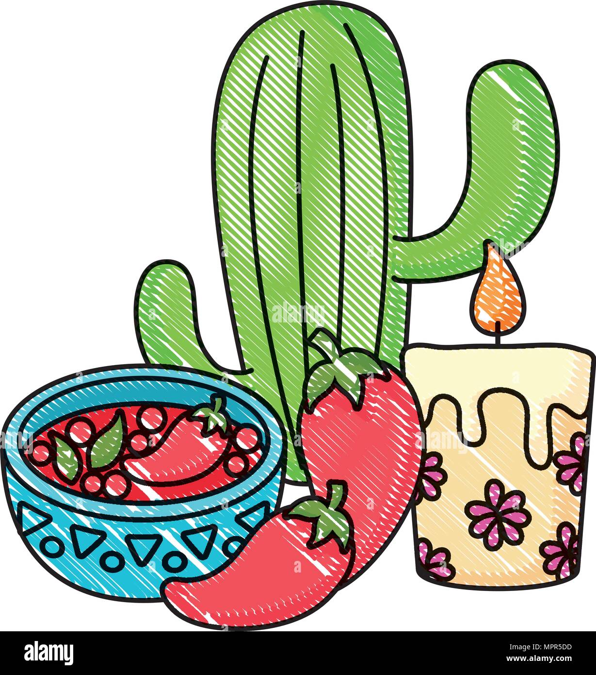 cactus plant with spicy sauce bowl and candle over white background ...