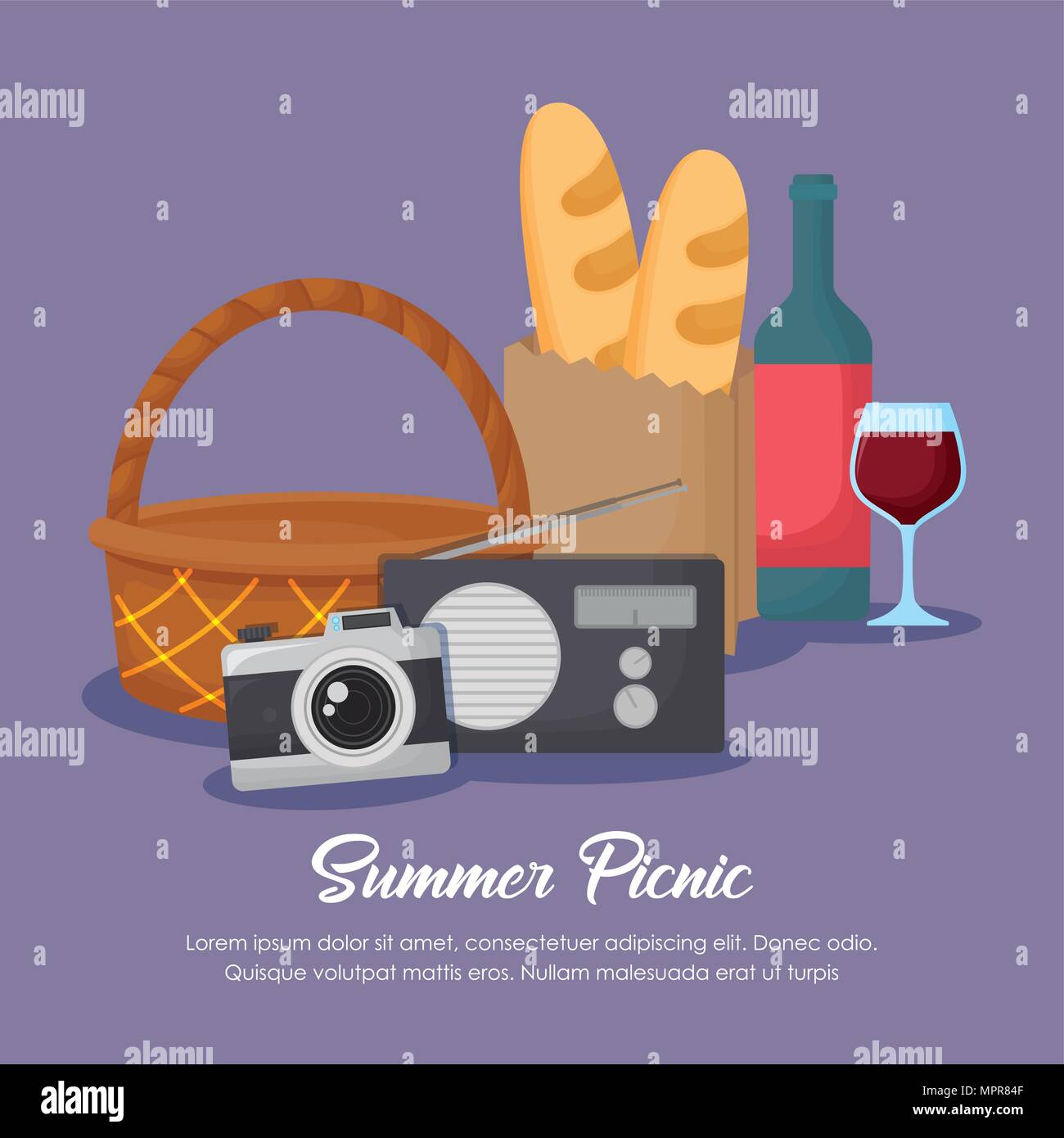 picnic summer design with basket and related icons over purple ...