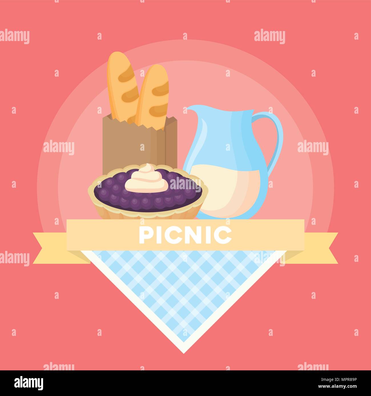 picnic emblem with decorative ribbon and bag of breads and food over ...