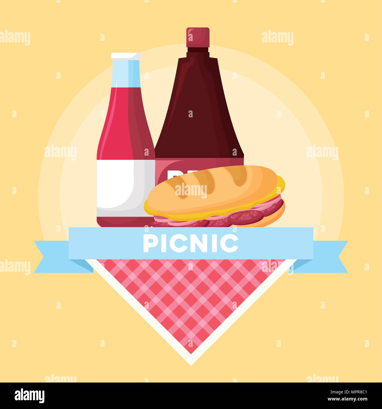picnic emblem with decorative ribbon and sandwich and sauce bottles ...
