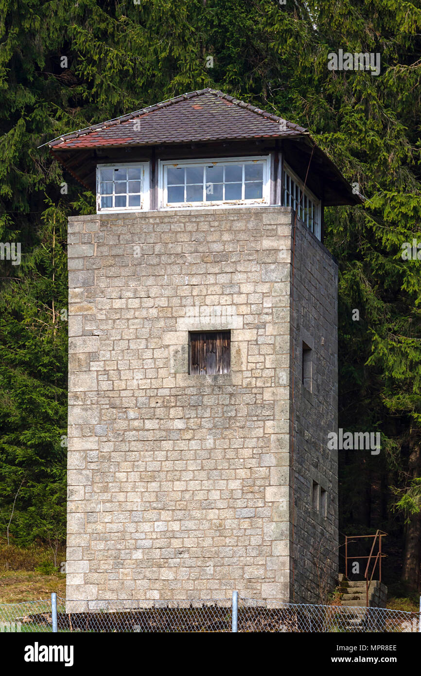 Former watchtower in the concentration camp memorial Flossenbürg ...