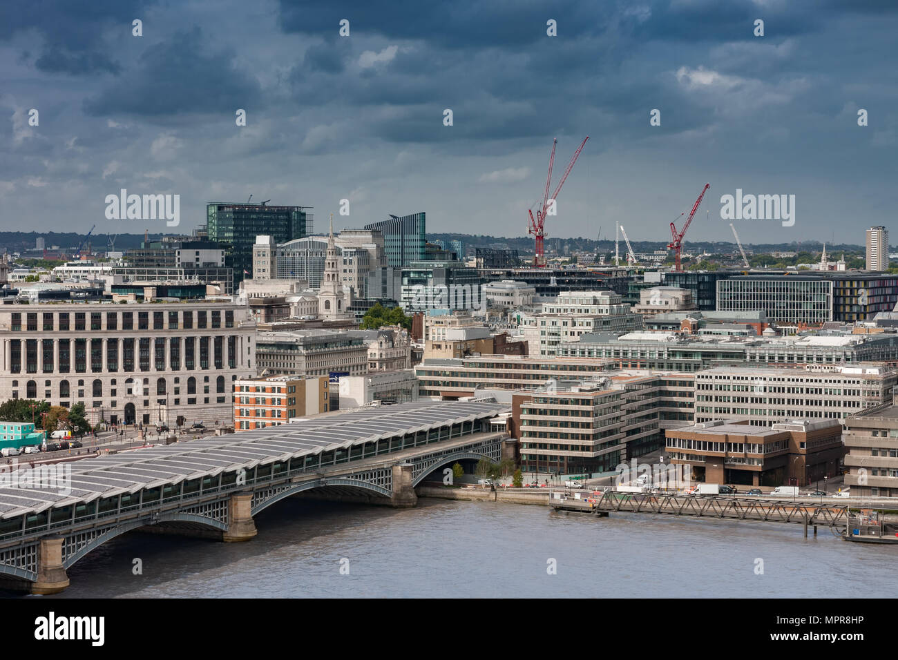 Aerial view of north bank of the river Thames, Blackfriars Railway ...