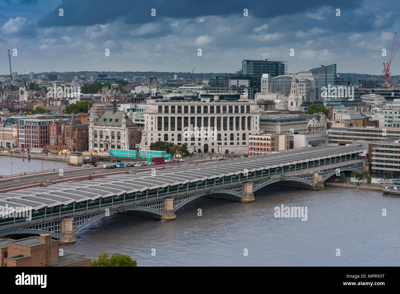 Aerial view of north bank of the river Thames, Blackfriars Railway ...