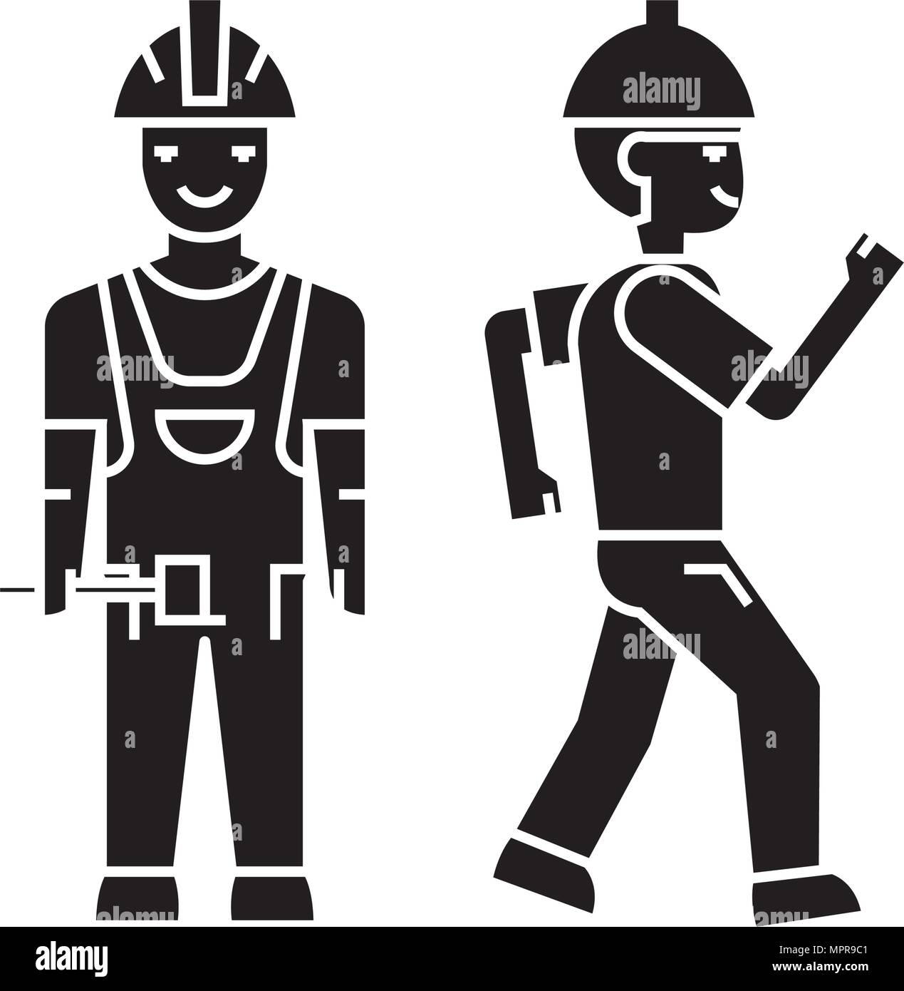Builder man black icon, vector illustration. Builder man concept sign ...